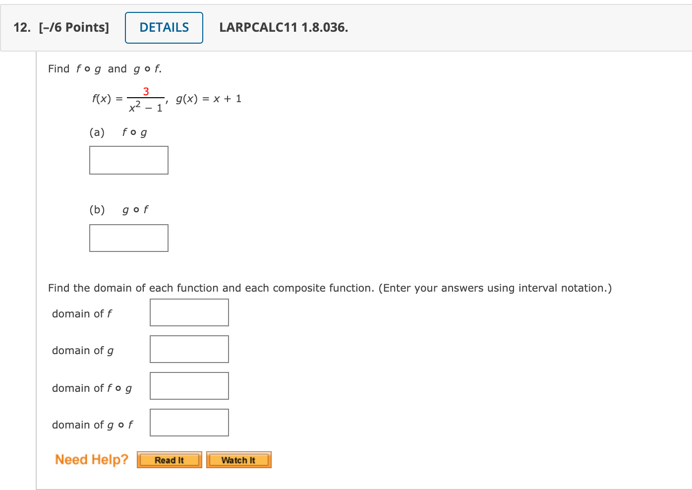 Solved 12. [-16 Points] DETAILS LARPCALC11 1.8.036. Find fog | Chegg.com