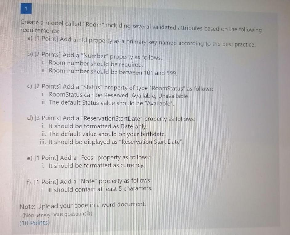 Solved Create a model called "Room" including several | Chegg.com