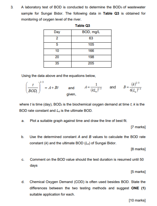 Solved 3 3. A laboratory test of BOD is conducted to | Chegg.com