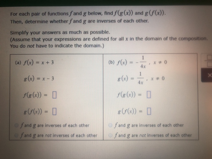 Solved For each pair of functions fand g below, find/(g(x)) | Chegg.com
