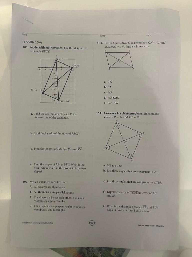 Solved LESSON 15−4 103. In this figure, MNPQ is a rhombus, | Chegg.com