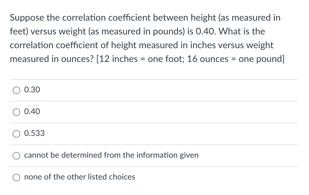 Solved Suppose the correlation coefficient between height | Chegg.com