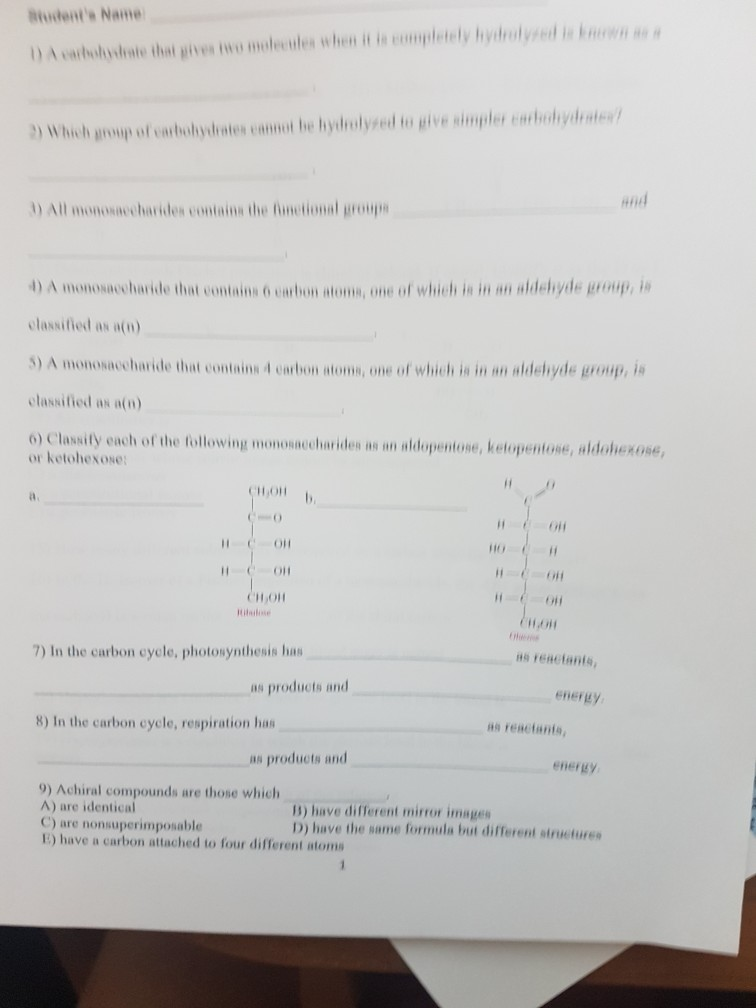 Solved Student Name 1) A monosaccharide that contain warbon | Chegg.com