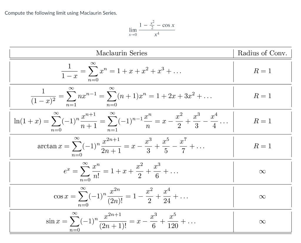 Solved Compute the following limit using Maclaurin Series. - | Chegg.com