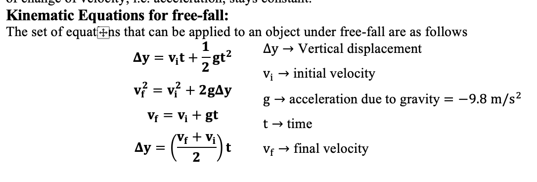 Solved Kinematic Equations for free-fall: The set of | Chegg.com