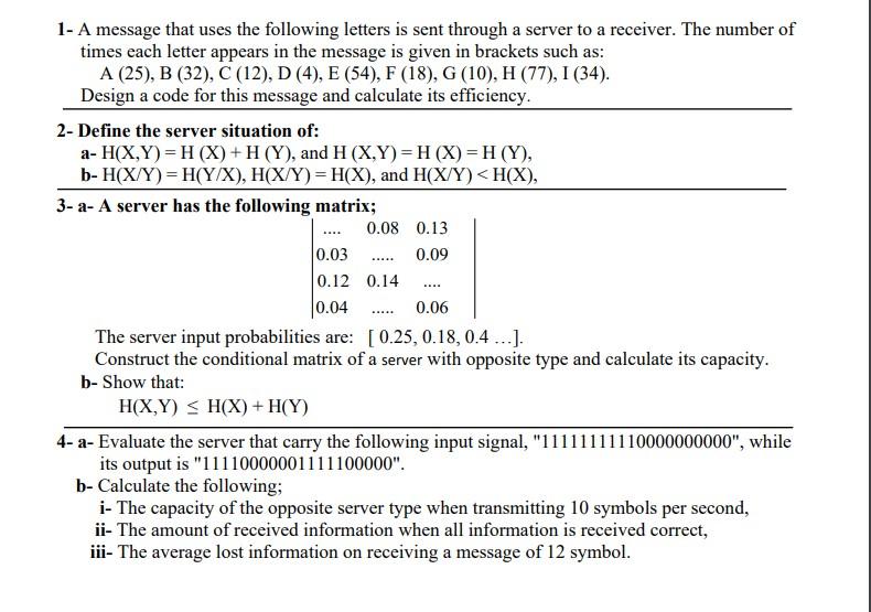 Solved 1- A message that uses the following letters is sent | Chegg.com