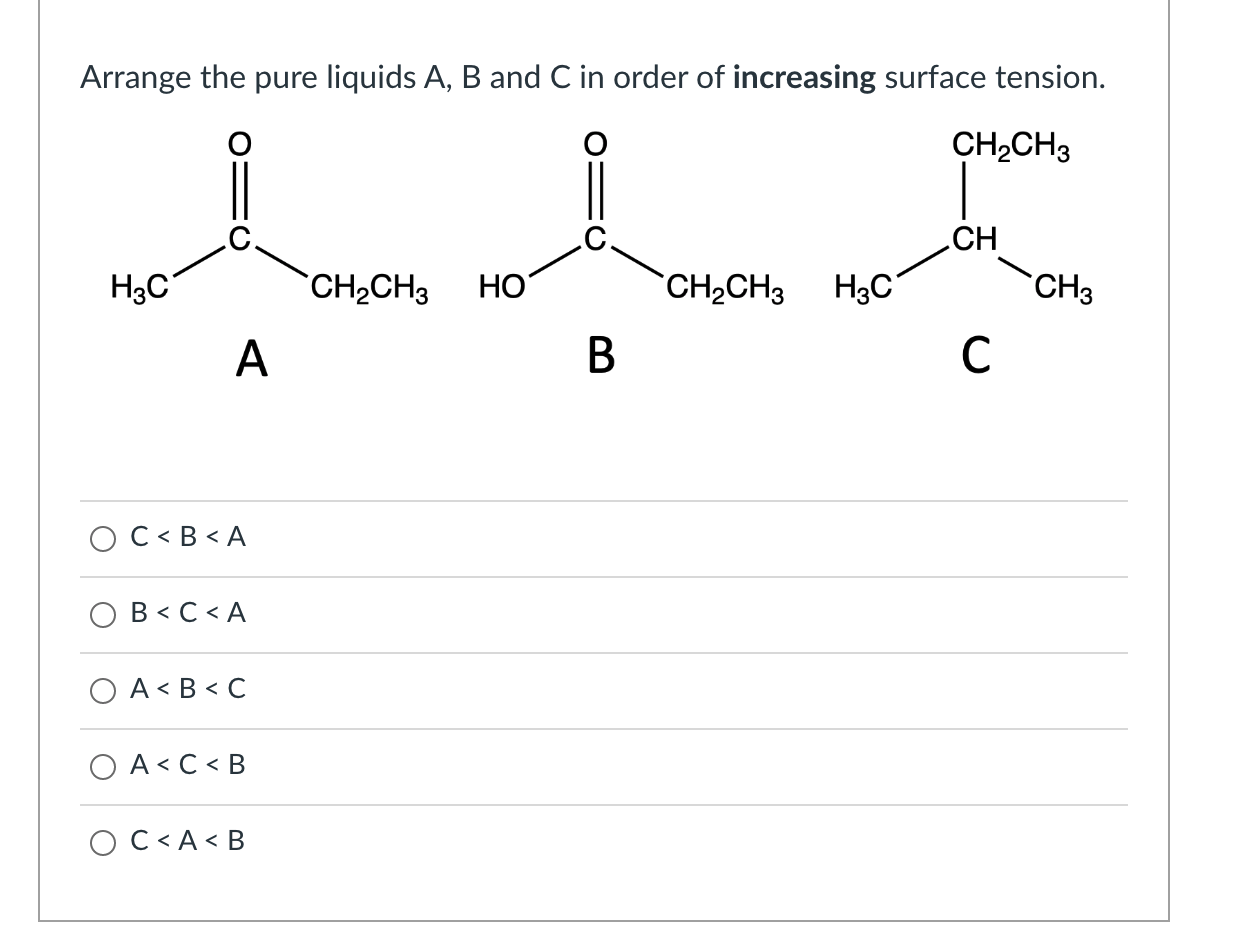 Solved Arrange the pure liquids A, B and C in order of | Chegg.com