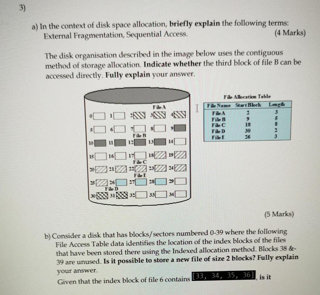 Solved 3) a) In the context of disk space allocation, | Chegg.com