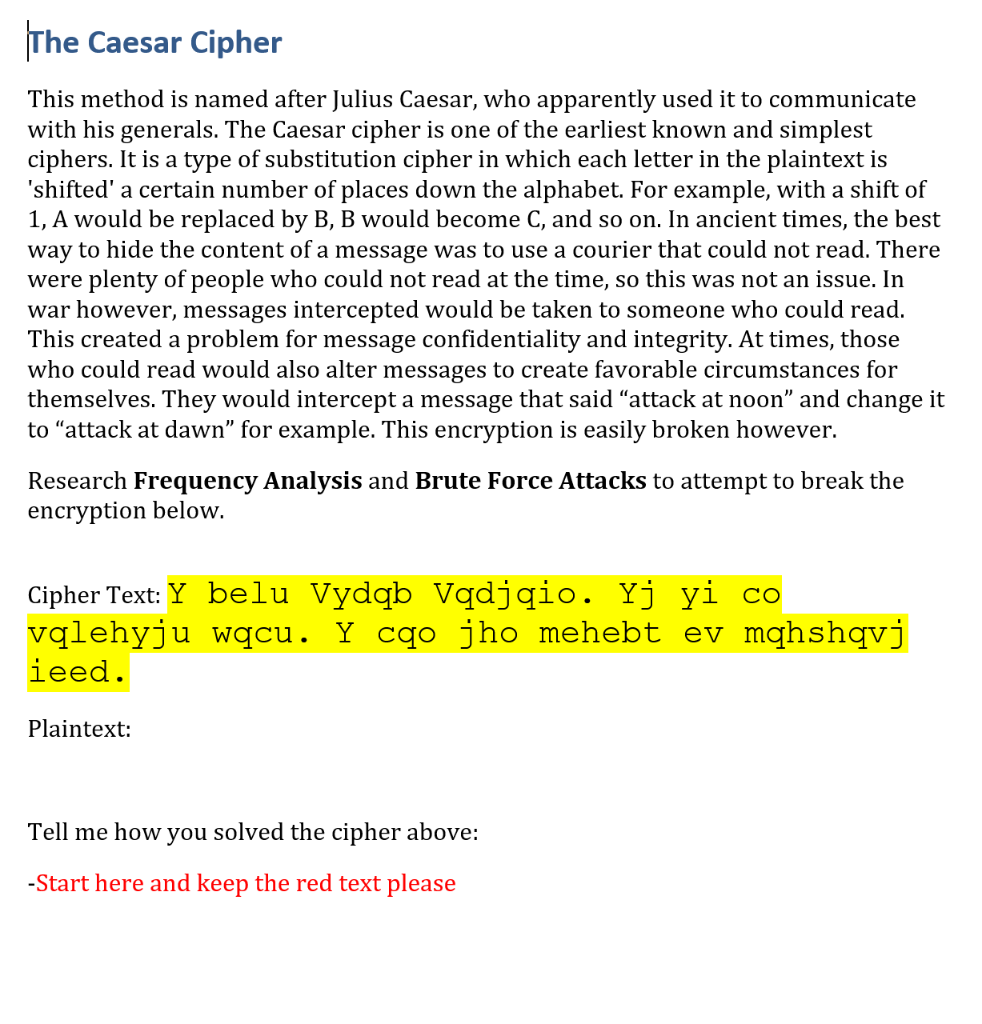 Solved The Caesar Cipher This method is named after Julius | Chegg.com