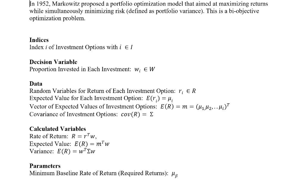 Solved In 1952, Markowitz proposed a portfolio optimization | Chegg.com