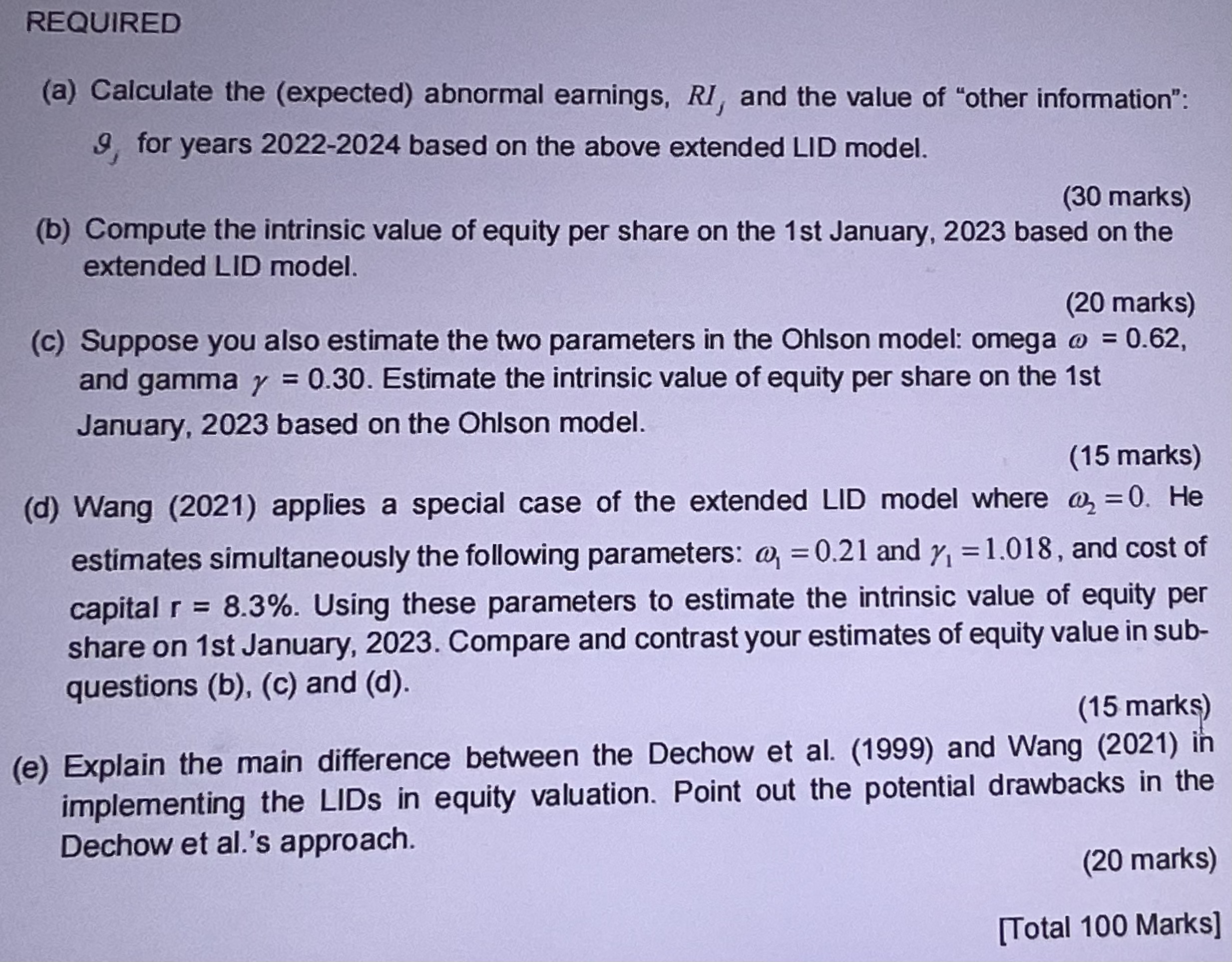 Solved To implement the residual income (RI) model in equity | Chegg.com