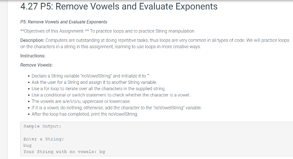 Solved 4.27 P5: Remove Vowels and Evaluate Exponents P5: | Chegg.com