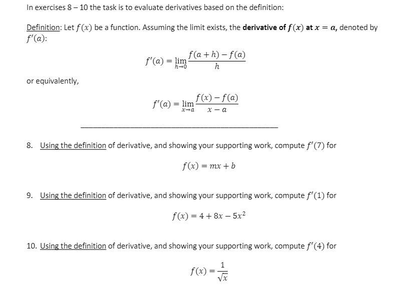 Solved In exercises 8-10 the task is to evaluate derivatives | Chegg.com