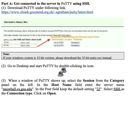 Solved Part A: Get connected to the server in PuTTY using | Chegg.com