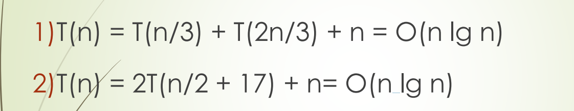 Solved 1)T(n)=T(n/3)+T(2n/3)+n=O(nlgn) | Chegg.com