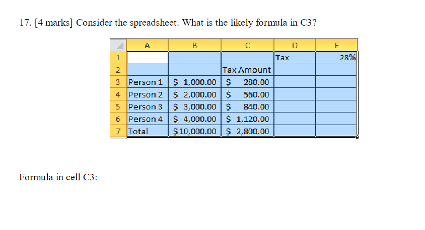 Solved 17. [4 marks] Consider the spreadsheet. What is the | Chegg.com