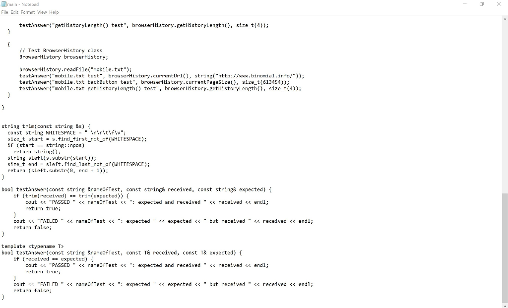 Solved - 3 x Browserhistory.hpp Code::Blocks 17.12 File Edit | Chegg.com