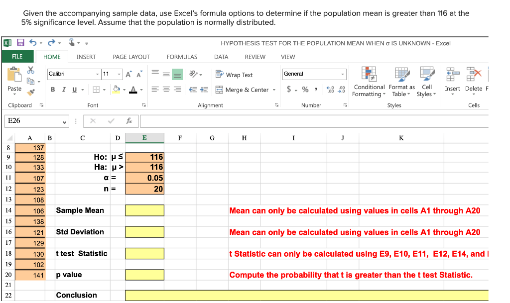 Given the accompanying sample data, use Excel's | Chegg.com