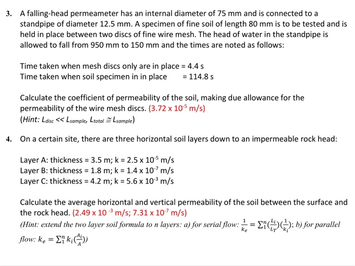 Solved A falling-head permeameter has an internal diameter | Chegg.com