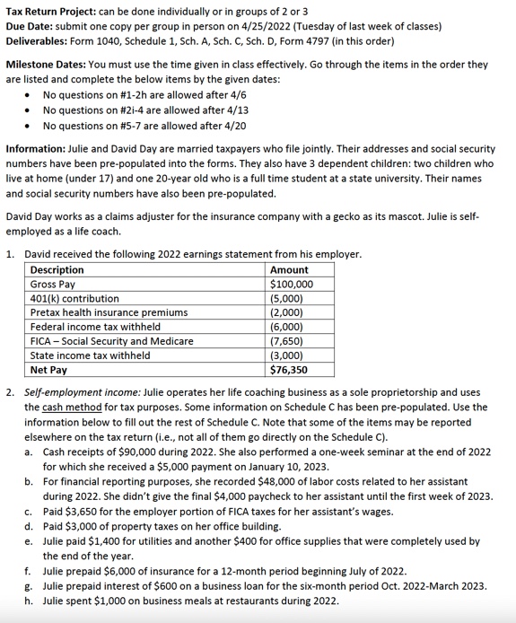 Tax Return Project: can be done individually or in | Chegg.com