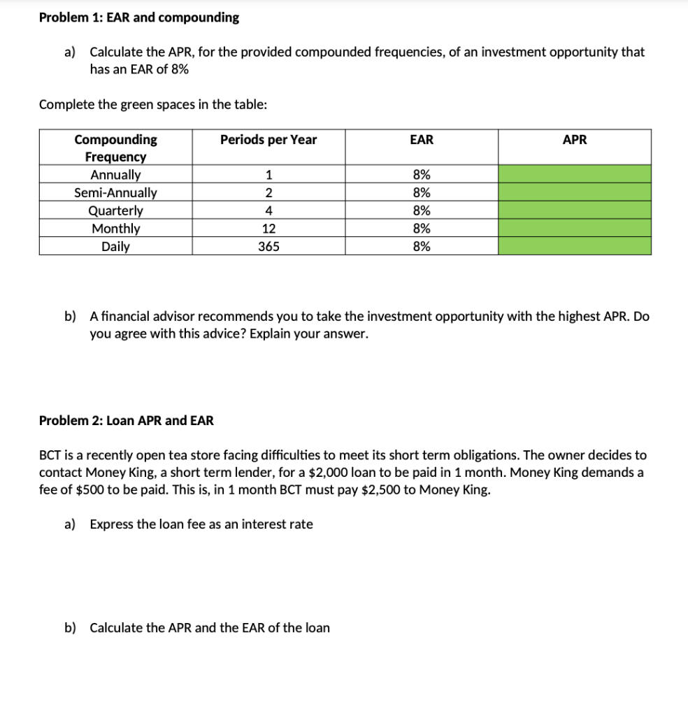 Solved Problem 1: EAR and compounding a) Calculate the APR, | Chegg.com