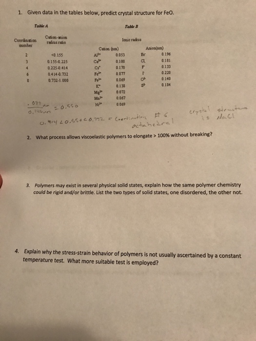 Solved 1. Given data in the tables below, predict crystal | Chegg.com