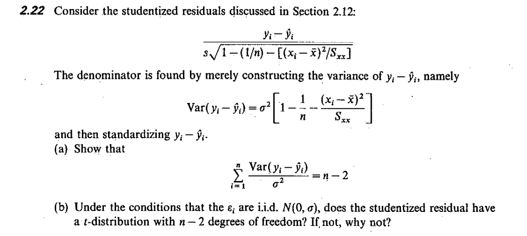 Solved 2.22 Consider the studentized residuals discussed in | Chegg.com