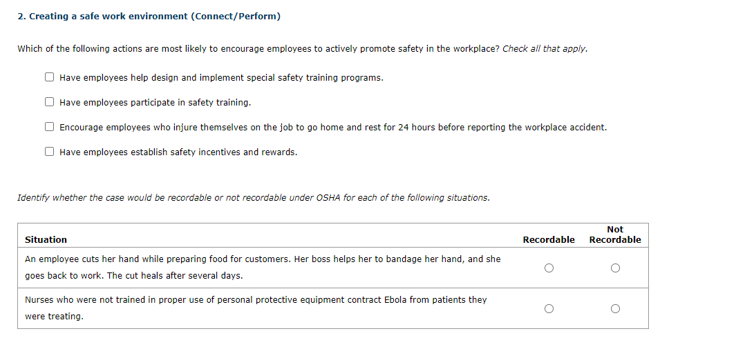 Solved 2. Creating a safe work environment (Connect/Perform) | Chegg.com