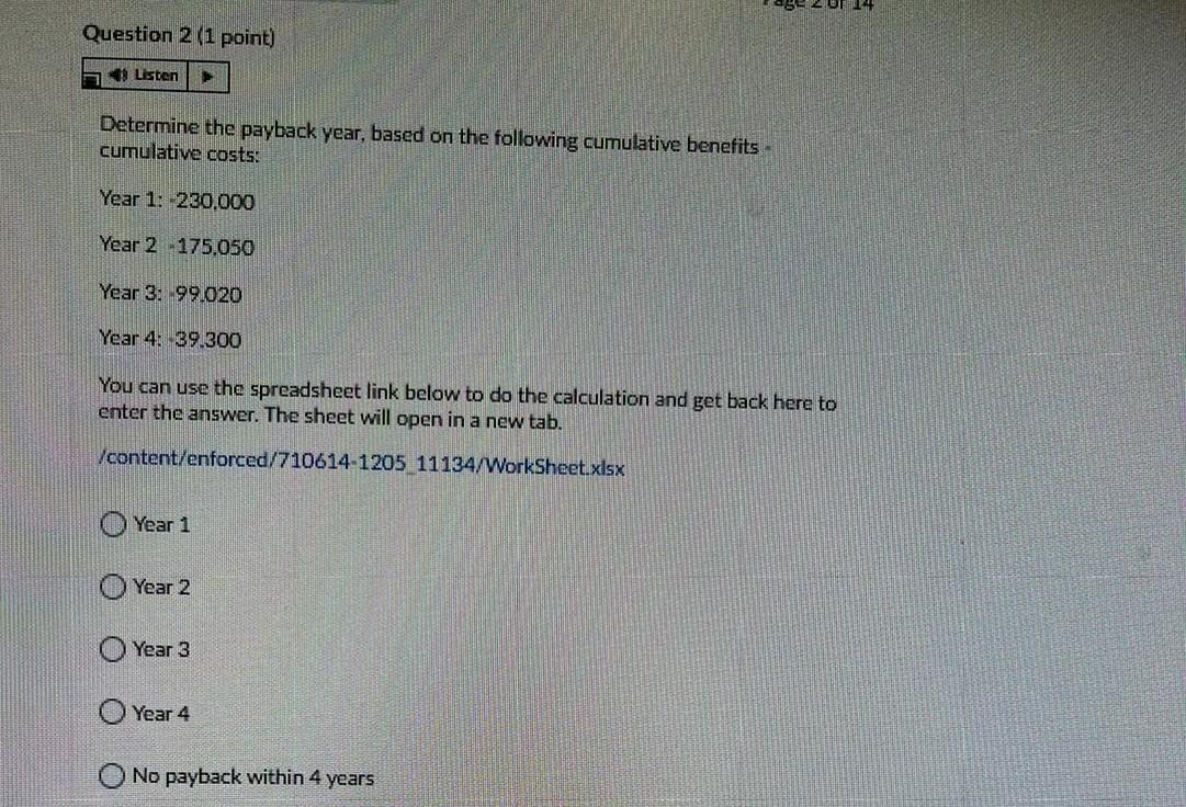 Question 2 (1 point) 7 Listen Determine the payback | Chegg.com