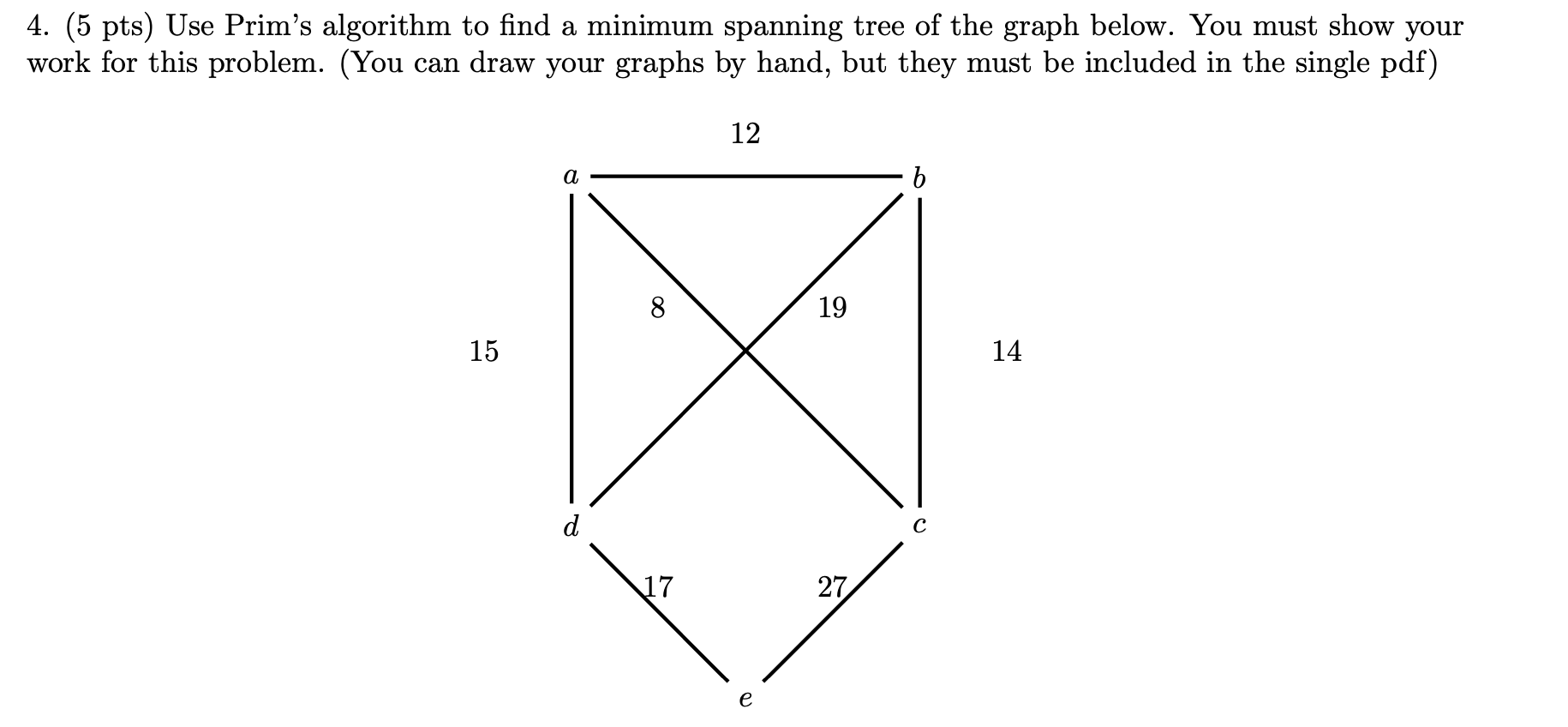 Solved 4. (5 pts) Use Prim’s algorithm to find a minimum | Chegg.com