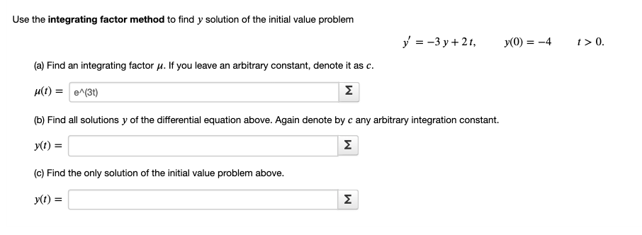 Solved Use the integrating factor method to find y solution | Chegg.com