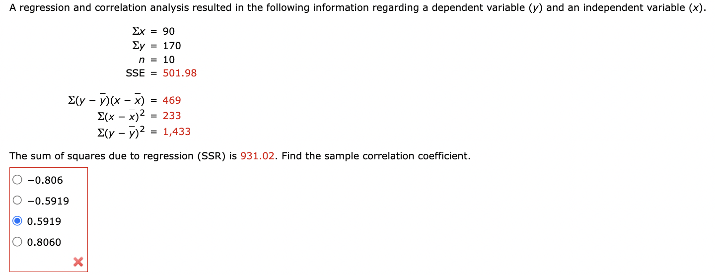 Solved A regression and correlation analysis resulted in the | Chegg.com