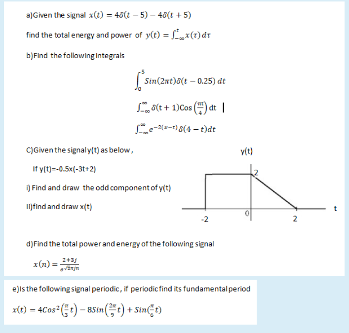 Solved a) ﻿Given the signal x(t)=4δ(t-5)-4δ(t+5)find the | Chegg.com