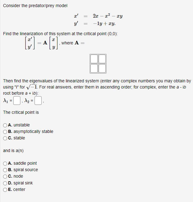 Solved Consider the predator/prey model I' 20 - 22 - ry y' | Chegg.com