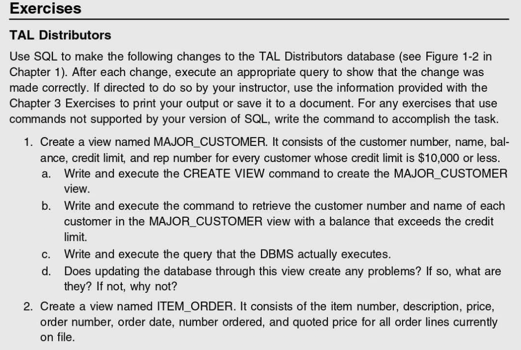 Solved Exercises TAL Distributors Use SQL to make the | Chegg.com