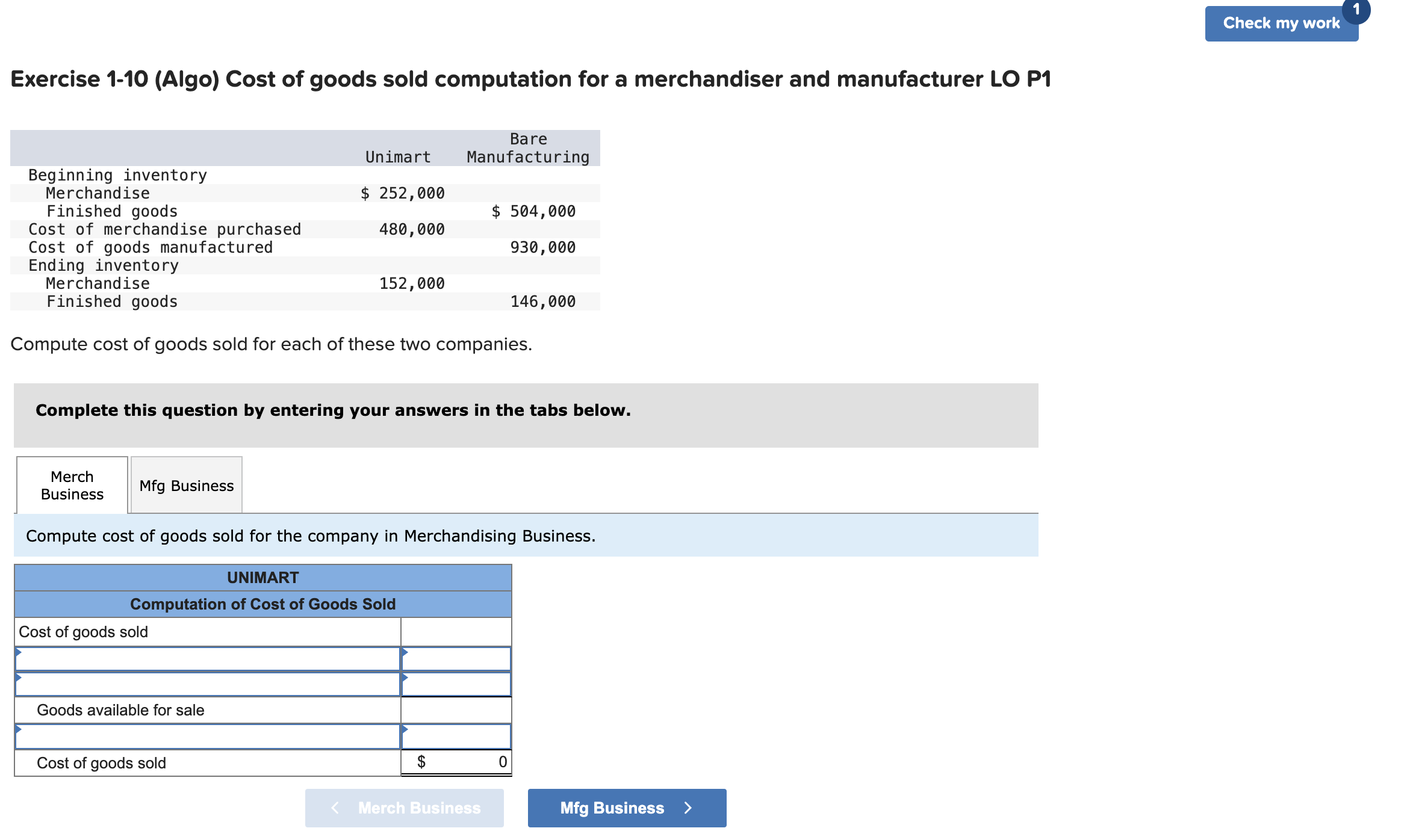 Solved Exercise 1-10 (Algo) ﻿Cost of goods sold computation | Chegg.com