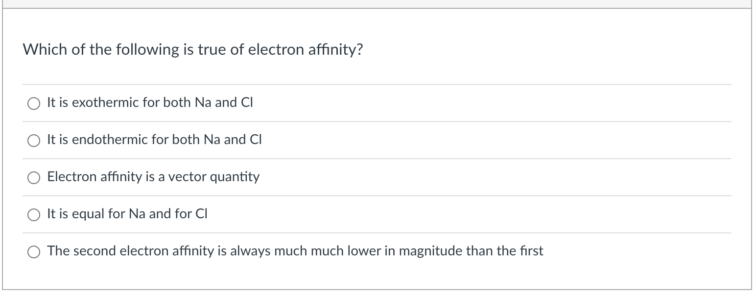 Solved Which of the following is true of electron affinity? | Chegg.com