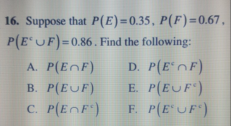Solved 12. Suppose that P(E) 0.82, P(F)-0.63. and PLEn F) | Chegg.com