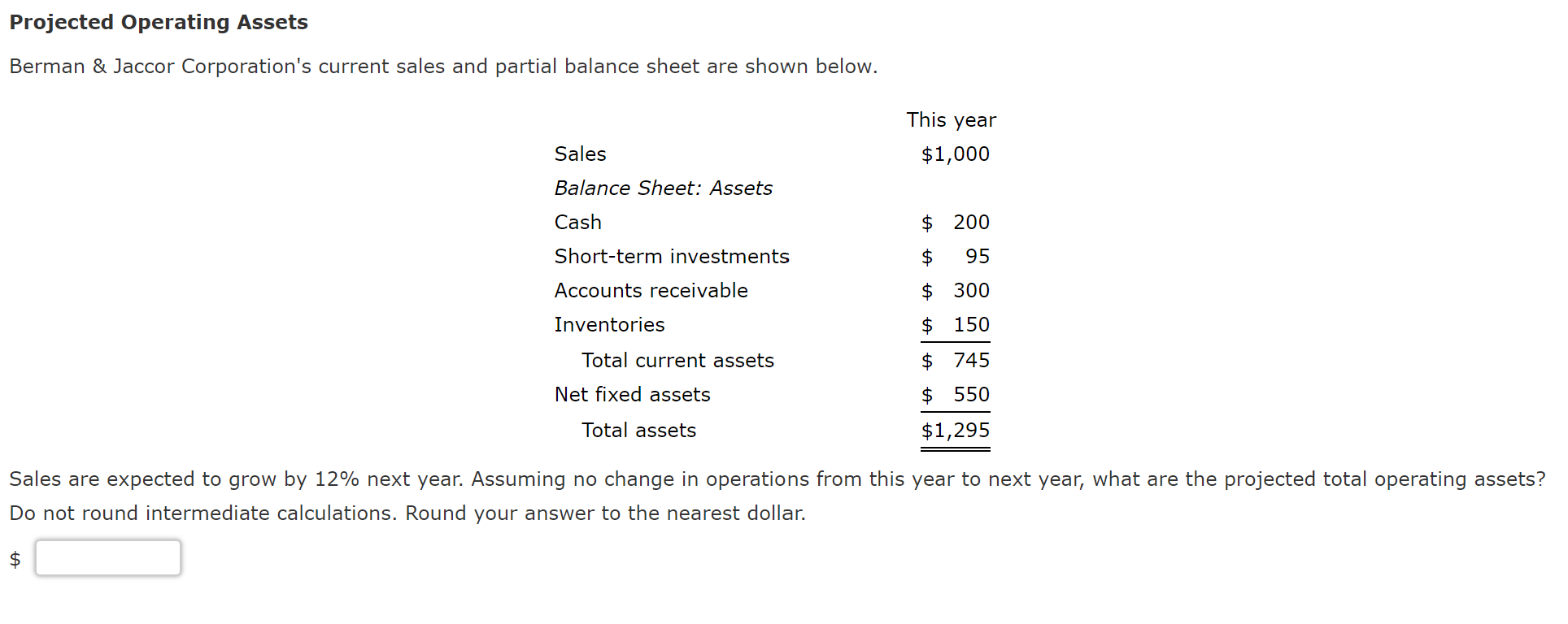 Solved Projected Operating Assets Berman \& Jaccor | Chegg.com