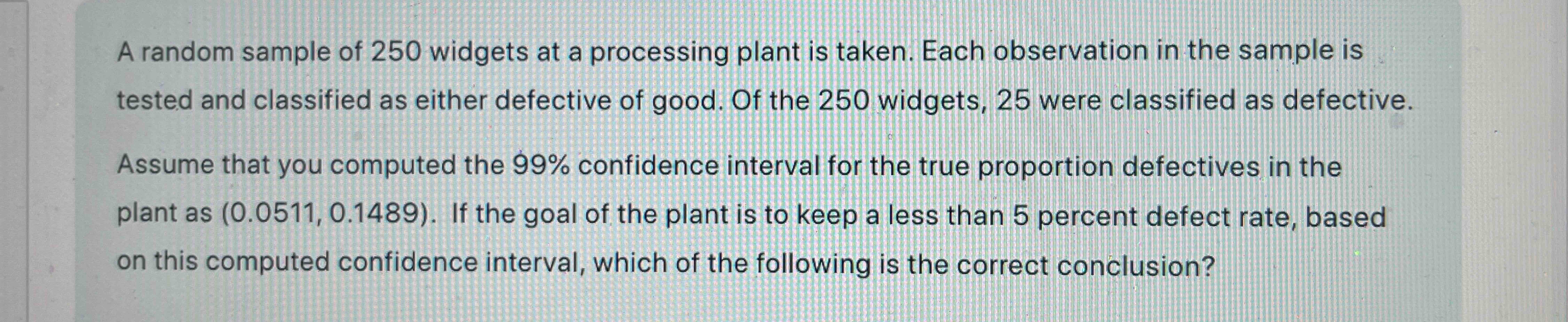 Solved A random sample of 250 ﻿widgets at a processing plant | Chegg.com
