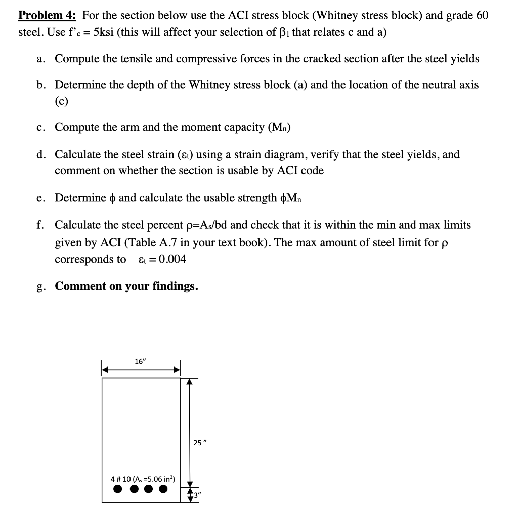 Solved Problem 4: For the section below use the ACI stress | Chegg.com