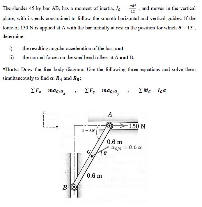 Solved The slender 45 kg bar AB, has a moment of inertia, Ig | Chegg.com