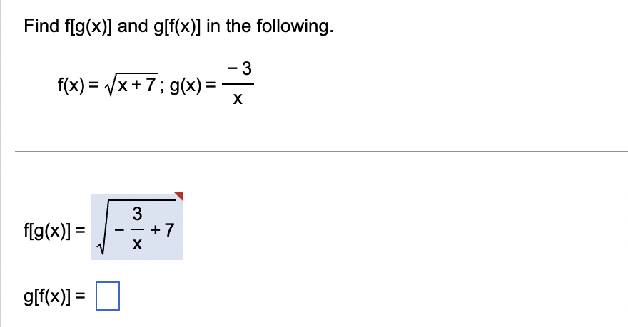 Solved Find f[g(x)] and g[f(x)] in the following. | Chegg.com