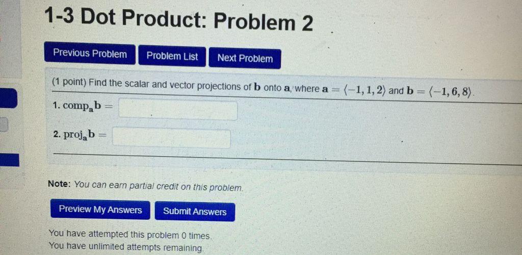 Solved 1-3 Dot Product: Problem 2 Previous Problem Problem | Chegg.com