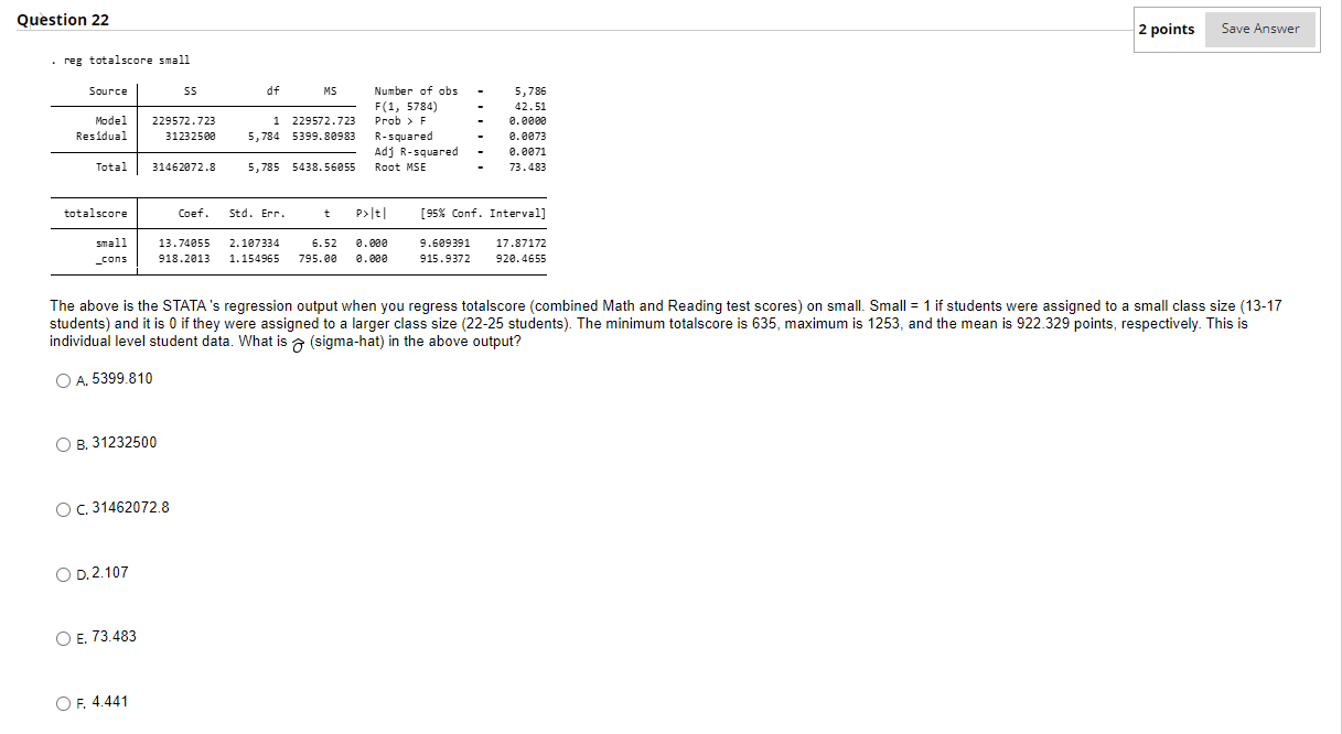 Solved • reg totalscore small Source SS df MS Model Residual | Chegg.com