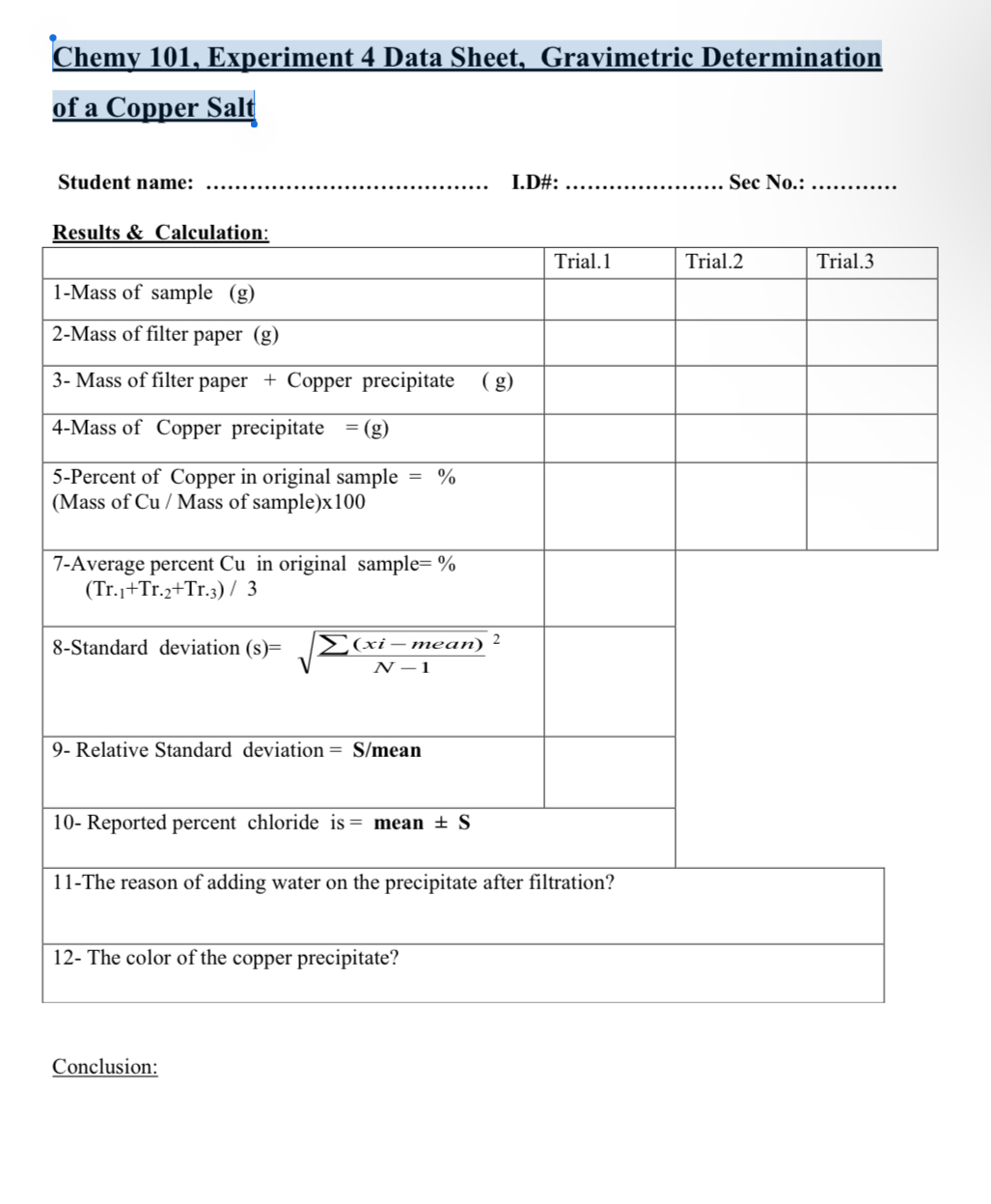 Chemy 101, Experiment 4 Data Sheet, Gravimetric | Chegg.com