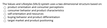 Solved The Values and Lifestyles (VALS) system uses a | Chegg.com
