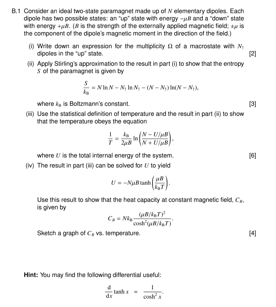 Solved B.1 Consider an ideal two-state paramagnet made up of | Chegg.com