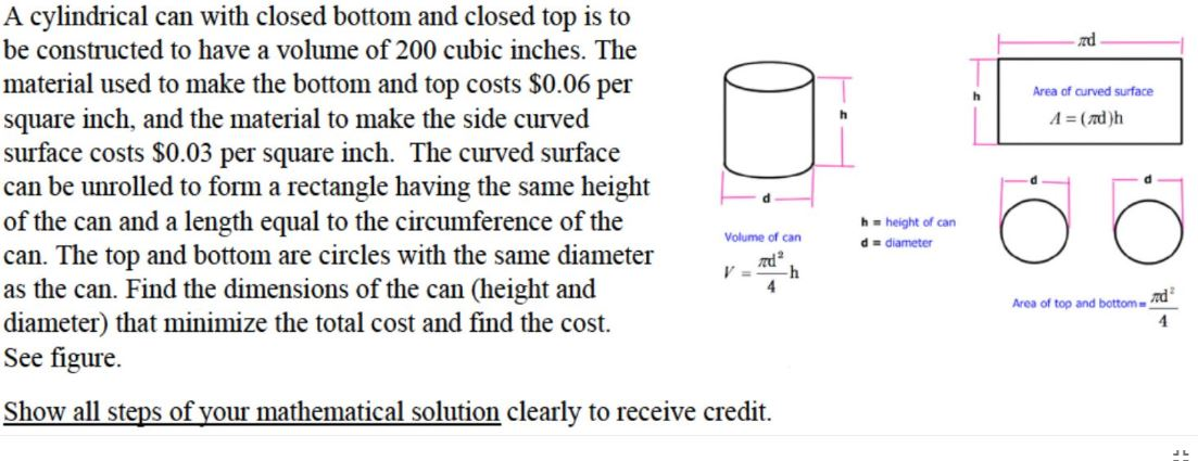 Solved ad Area of curved surface A = (adh A cylindrical can | Chegg.com
