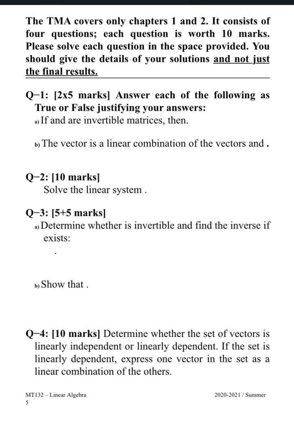 The TMA covers only chapters 1 and 2. It consists of | Chegg.com